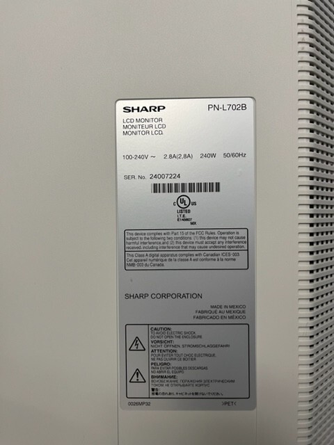 Sharp PN-L702B 70" Touchscreen VGA DVI RS-232C HDMI 240W Monitor Silver ...