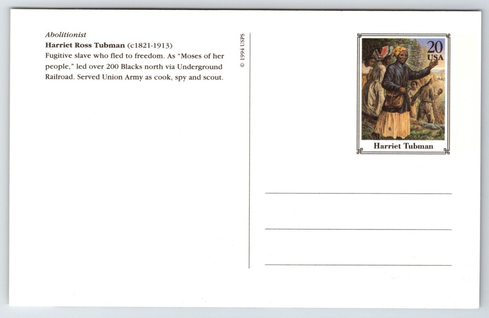 Postcard Abolitionist Harriet Ross Tubman 1994 USPS American Civil War ...