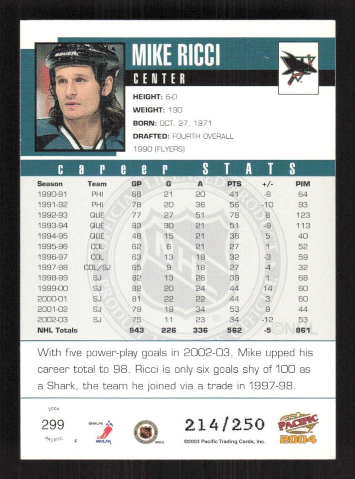 2003-04 Pacific Blue #299 Mike Ricci /250! *PWE* | eBay