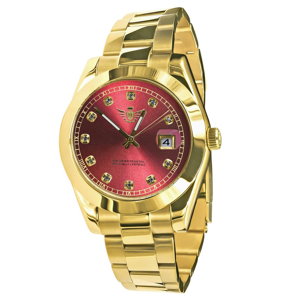 Ruby Red Dial Full Steel 18K Gold Tone Simulated Diamond 40mm Men's ...