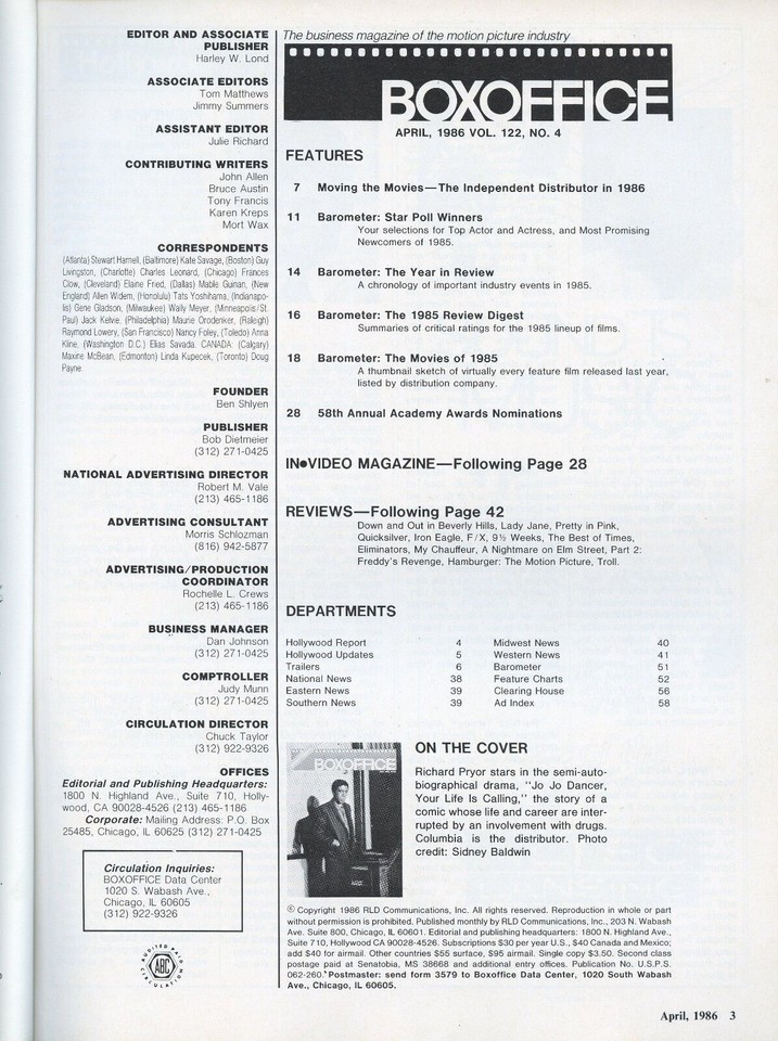 Boxoffice Magazine April 1986 Vol 122 No 4 Richard Pryor | eBay