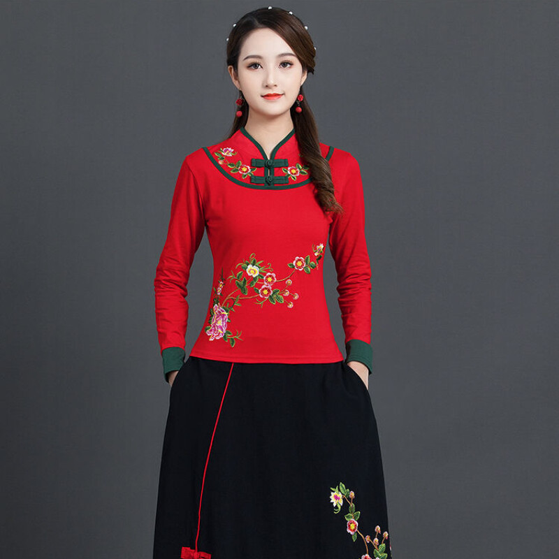 Ladies Floral Embroidery Shirt Chinese Traditional Tops Ethnic Button ...