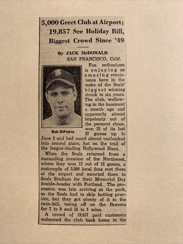 Bob DiPietro San Francisco Seals 1954 Sporting News Baseball 2X5 Panel ...