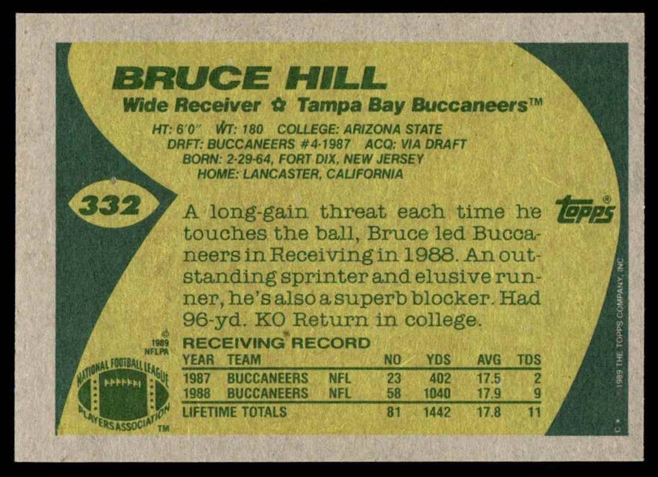 1989 Topps Bruce Hill Tampa Bay Buccaneers #332 | eBay