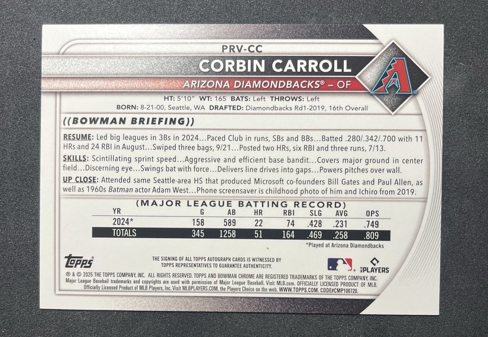 2025 Bowman Corbin Carroll Veteran Auto Autograph | eBay