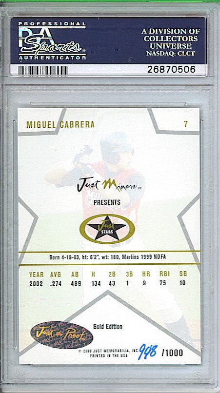 2003 MIGUEL CABRERA JUST STARS JUST MINORS GOLD #7 PSA 10 GEM MINT 948/ ...
