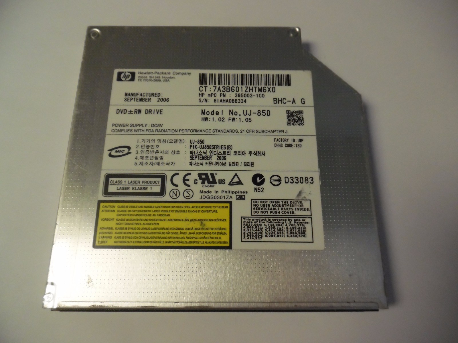 HP Hewlett-Packard Company 8X DVD±RW IDE BARE Laptop Burner Drive UJ ...