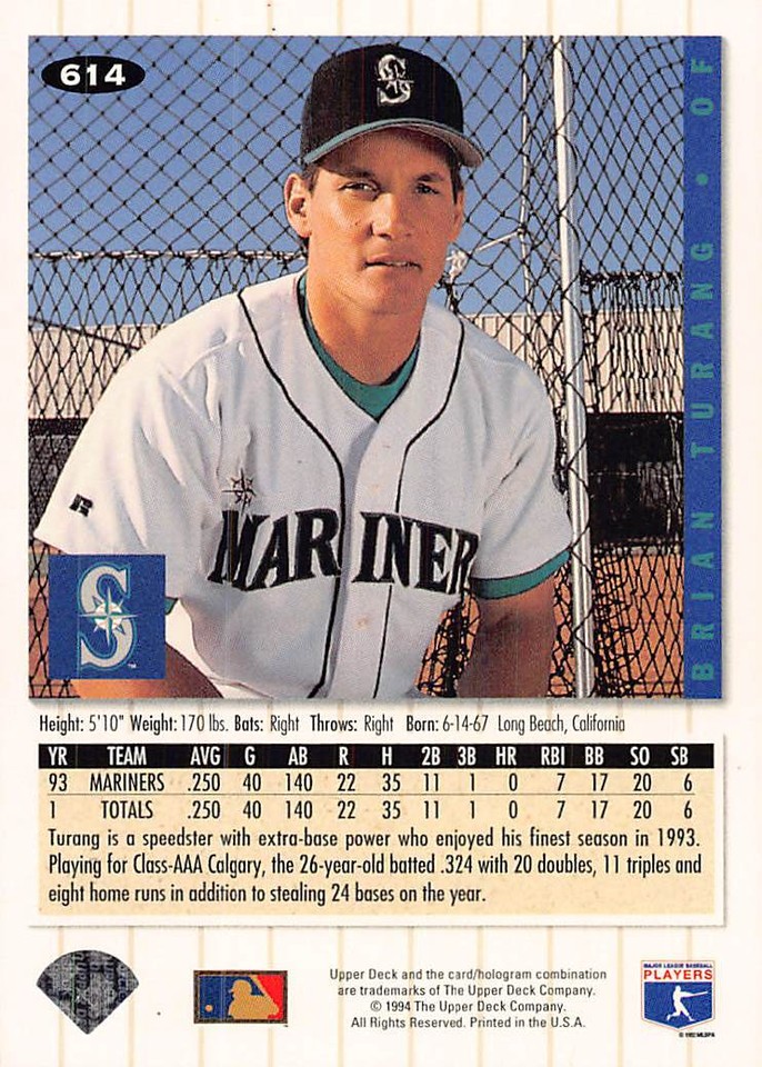 Brian Turang 1994 Collector's Choice 614 Seattle Mariners Rookie ...