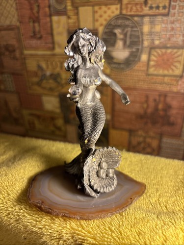 Mermaid Mythical Ocean Sea Silver Metal Figurine 5" on Alabaster FR/SHP ...