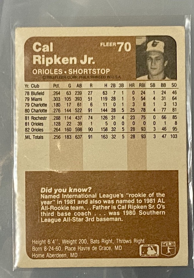 1983 Fleer baseball card Cal Ripken Jr. #70 SS Baltimore Orioles HOF | eBay
