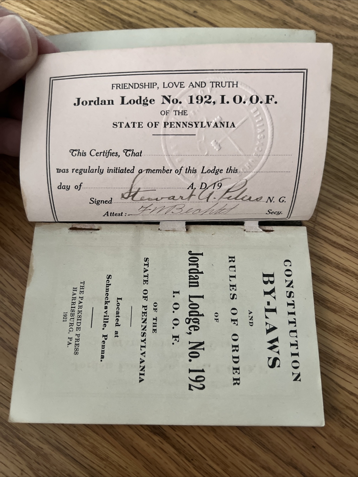 1921 I.O.O.F. Jordan Lodge No. 191 Constitution By-Laws, Schnecksville ...