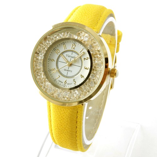 Yellow Leather band Watch with floating stones | eBay