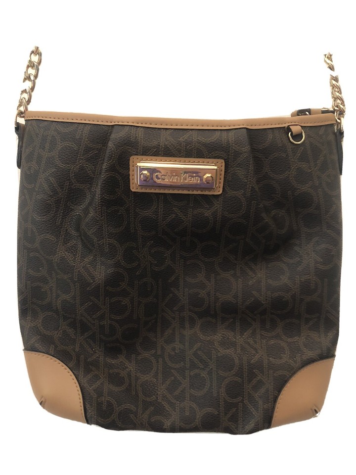 CALVIN KLEIN Brown & Tan CK Monogrammed Lightweight Crossbody Shoulder ...