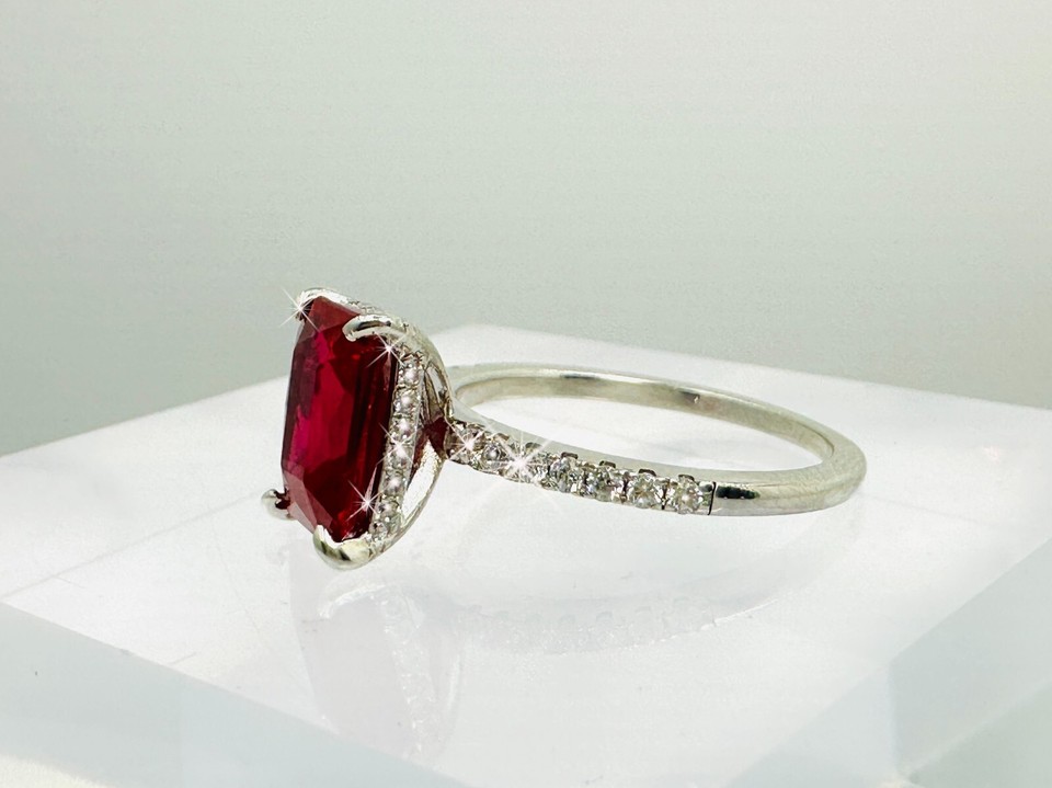Sterling Silver 925 4.0 tcw Emerald Cut Ruby & CZ Accent Cocktail Ring ...