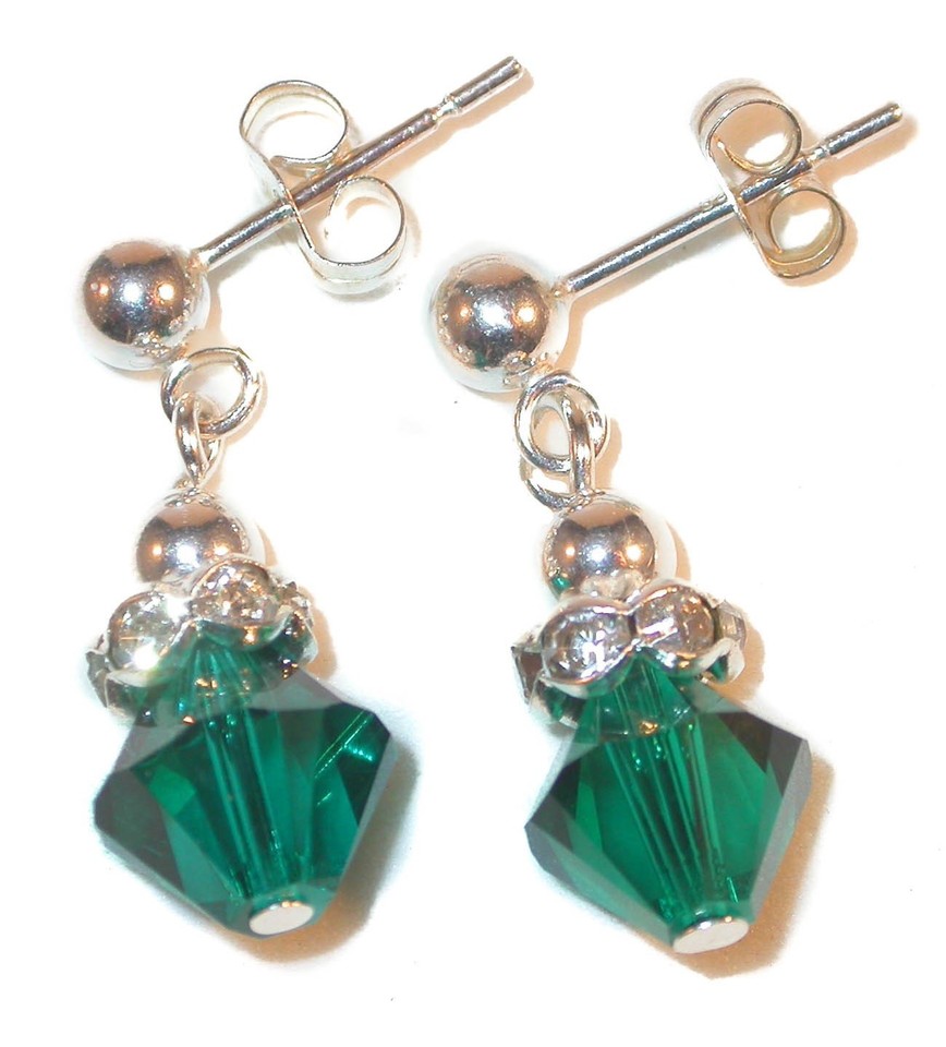 EMERALD Crystal MAY Birthstone Earrings 8mm Sterling Silver Swarovski ...