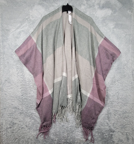 Woolrich Cape Cardigan Womens Purple Plaid Flannel Open Front Fringe ...