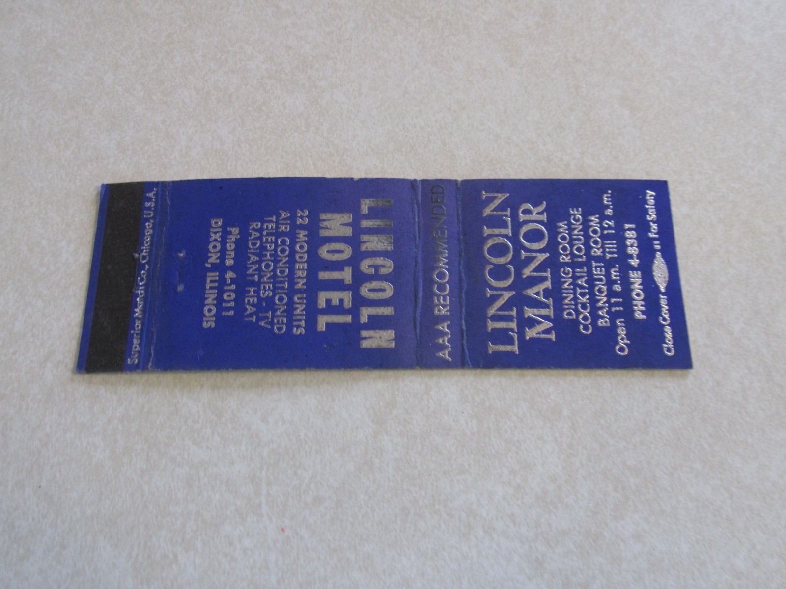 Y157 Vintage Matchbook Cover Lincoln Motel Dixon IL Illinois | eBay