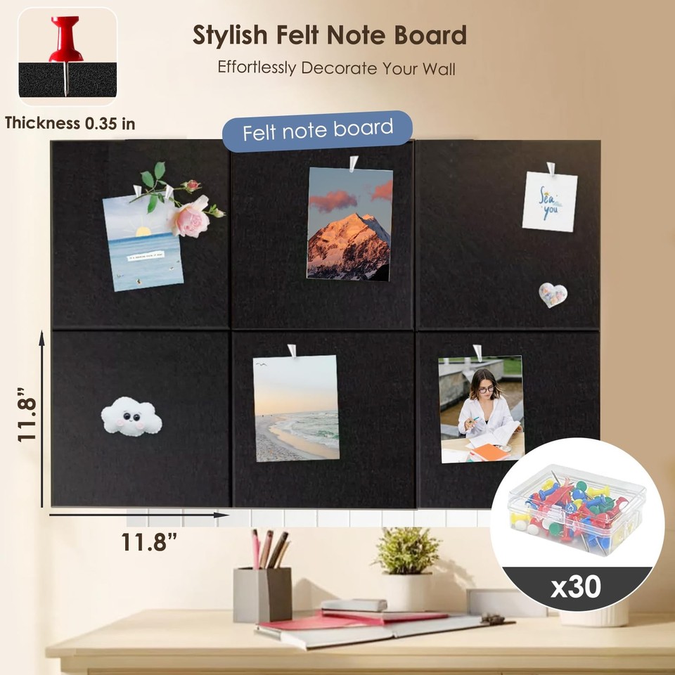 12 Pack Black Cork Board Tiles 48x36 inch Felt Bulletin Pin Board for ...