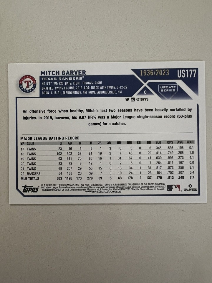 Mitch Garver Texas Rangers 2023 Topps Update Series Gold Parallel /2023 ...