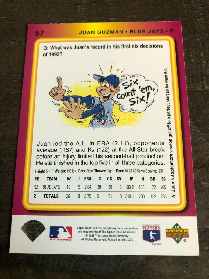 1993 Upper Deck Fun Pack Baseball Card #57 Juan Guzman Blue Jays EX-NM ...