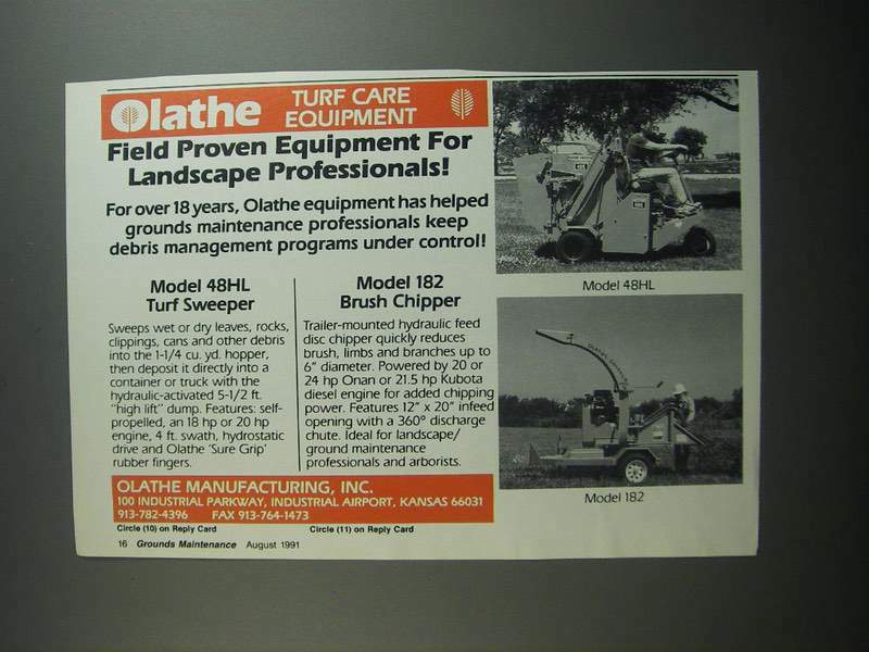 1991 Olathe Ad - 48HL Turf Sweeper, Model 182 Brush Chipper | eBay