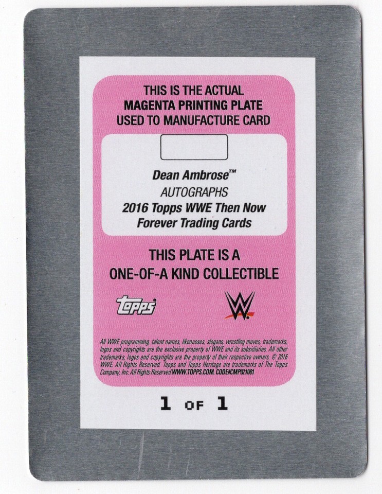 Dean Ambrose 2016 Topps WWE Then Now Forever Autograph Printing Plate ...
