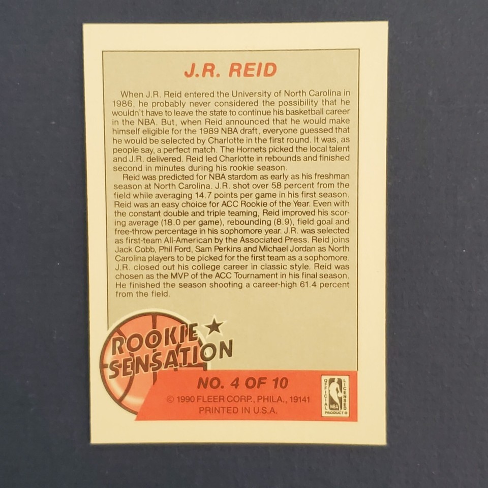 1990 FLEER "J.R.REID" ROOKIE SENSATION BASKETBALL CARD #4 BEAUTIFUL ...