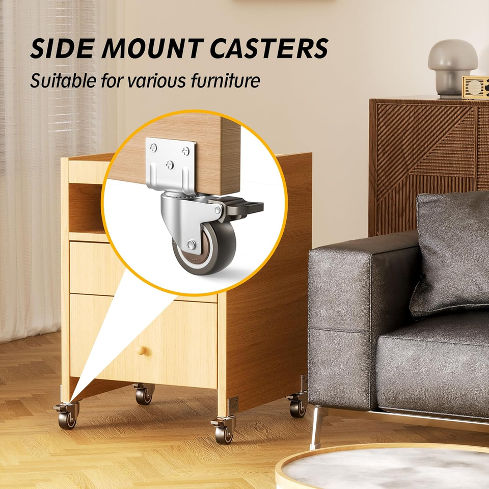 Side Mount Casters, 2 Inch Furniture Wheels, L-Shaped Rubber Casters ...