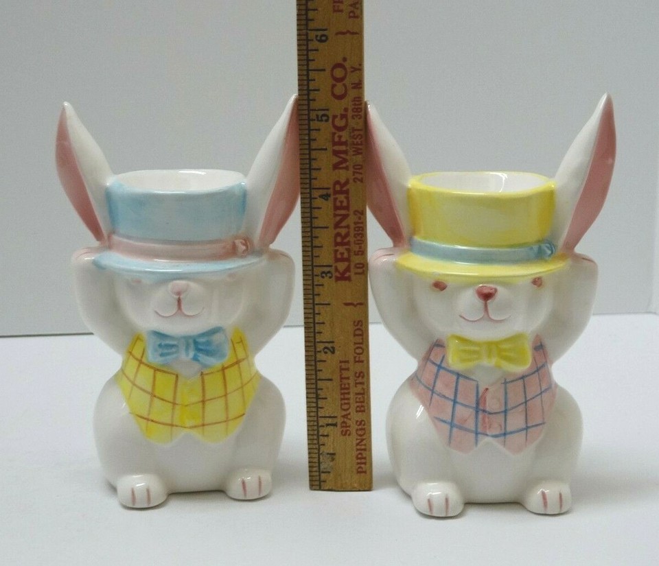 Vintage PAIR of MIDWEST Painted Ceramic Easter Bunny Rabbit Egg Cups ...