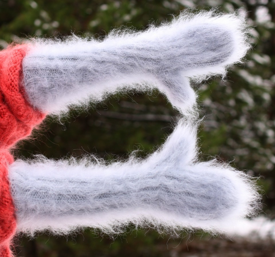 Fuzzy long mohair mittens thick warm handmade soft ski hand warmers ...