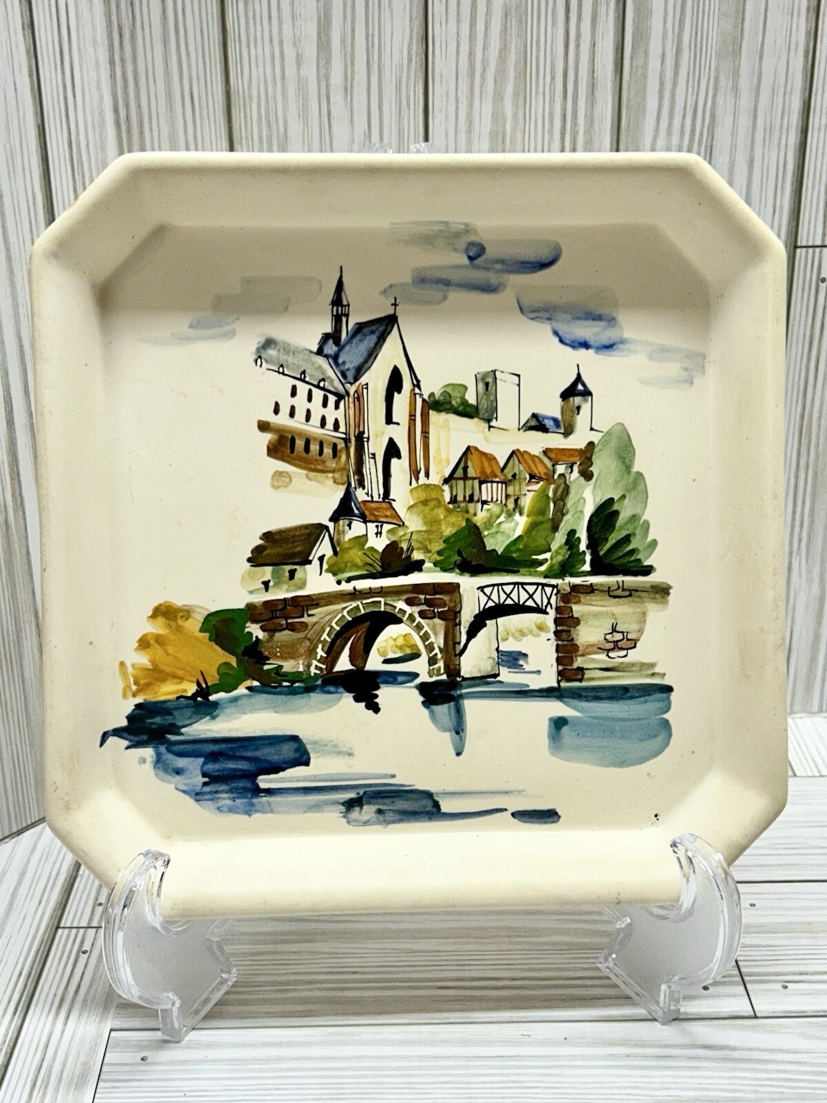 Vintage French Country Ceramic Design Plate Hand Painted Signed Bridge ...