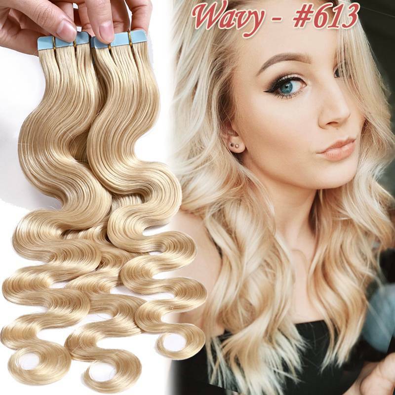 GREY Super Russian Tape In Real Remy Human Hair Extensions Wavy Skin ...