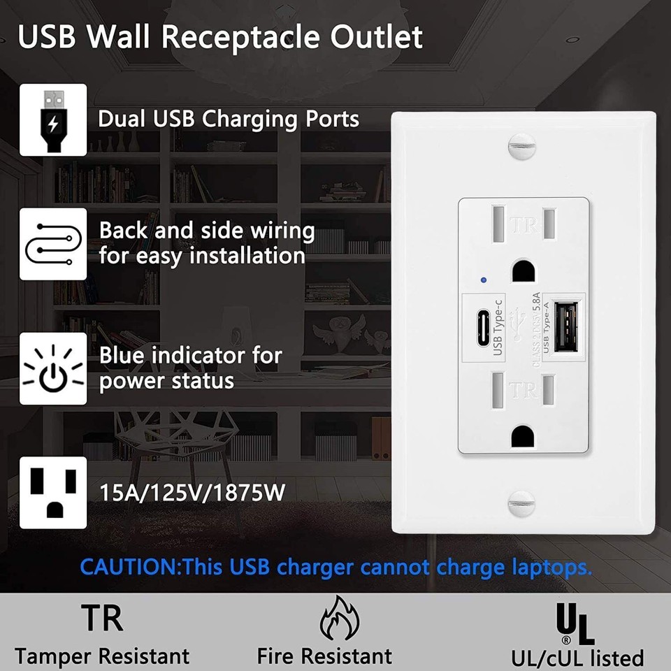 5.8A High-Speed USB C Wall Outlet Charger Duplex Tamper-Resistant ...