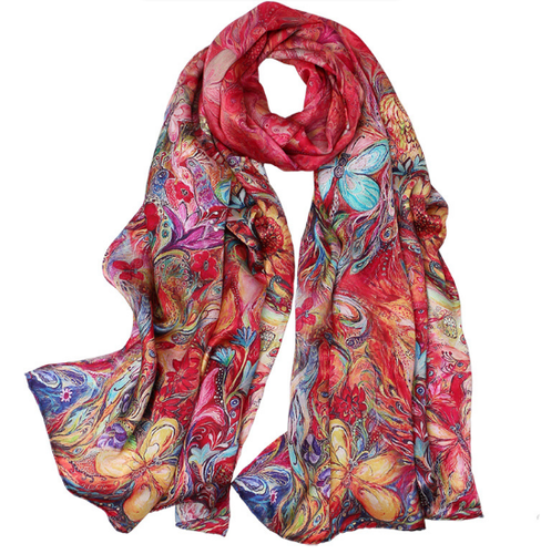 100% Silk Scarf Women neckerchief long Shawl Wrap floral red blue ...