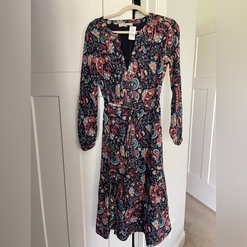 NWT Loft Maxi Shimmer Paisley Tie Neck Midi Dress Belted Navy Blue ...