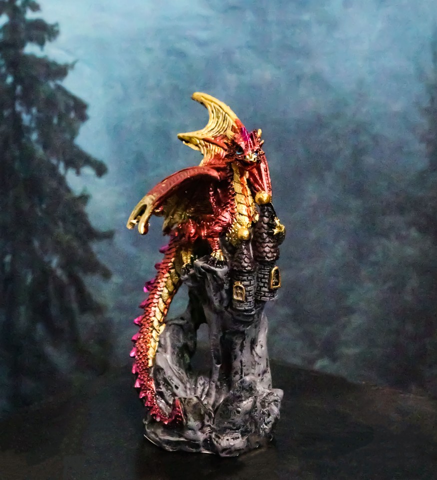Metallic Crimson Red Dragon Guarding Castle Tower On Mountain Cliff ...