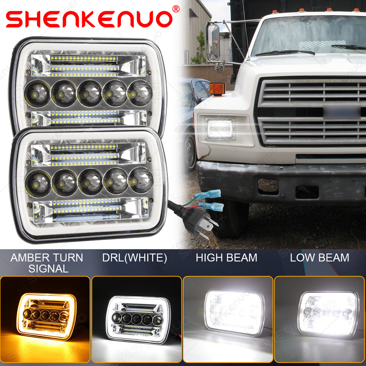 5x7 7X6 LED Headlight High Low DRL Signal For Ford F600 F700 F800 Ft800 ...