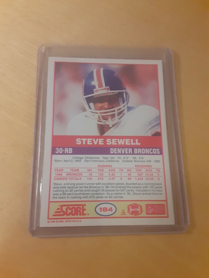 1989 Score #184 STEVE SEWELL Denver Broncos ROOKIE Football Card, RB ...