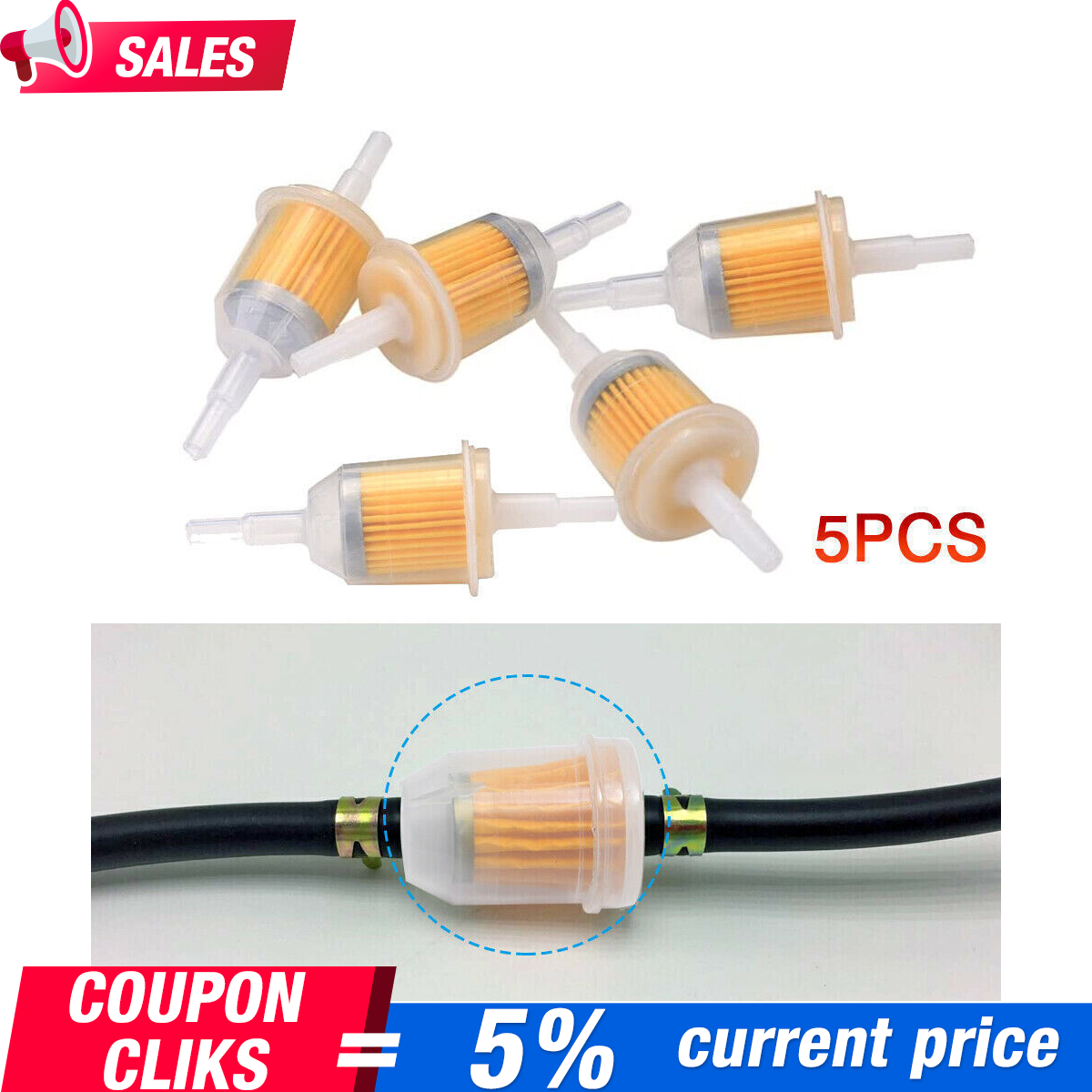 5 pack New Motor Inline Gas Oil Fuel Filter Small Engine For 1/4'' 5/16 ...