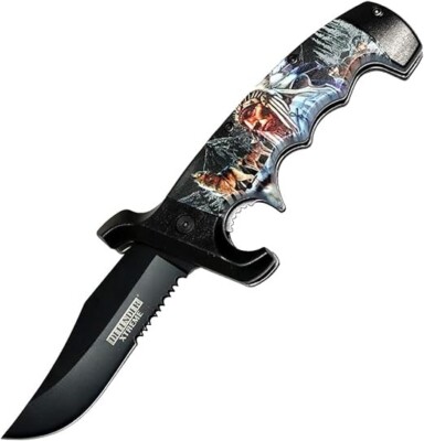 Defender-Xtreme 9" Indian Tribe & Wolves Spring Assisted Folding Knife ...