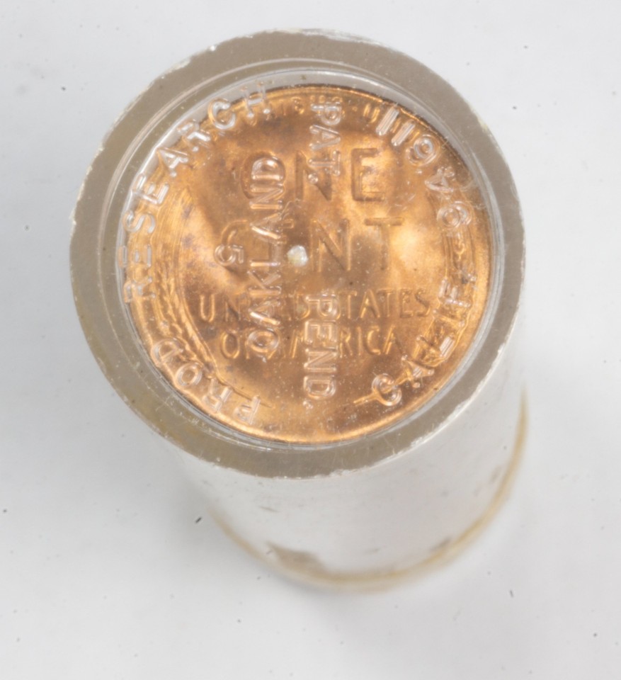 1950-S Lincoln Wheat Cent Penny Roll GEM RED UNC in YELLOWING TAPE TUBE ...
