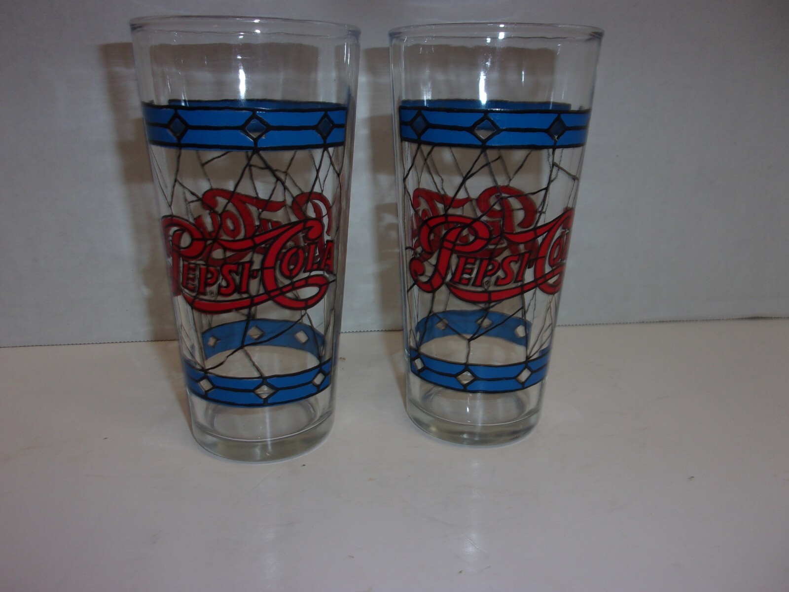 2 Pepsi Stained Glass Design Drinking Glasses No Chip Or Cracks 6 1/4 ...