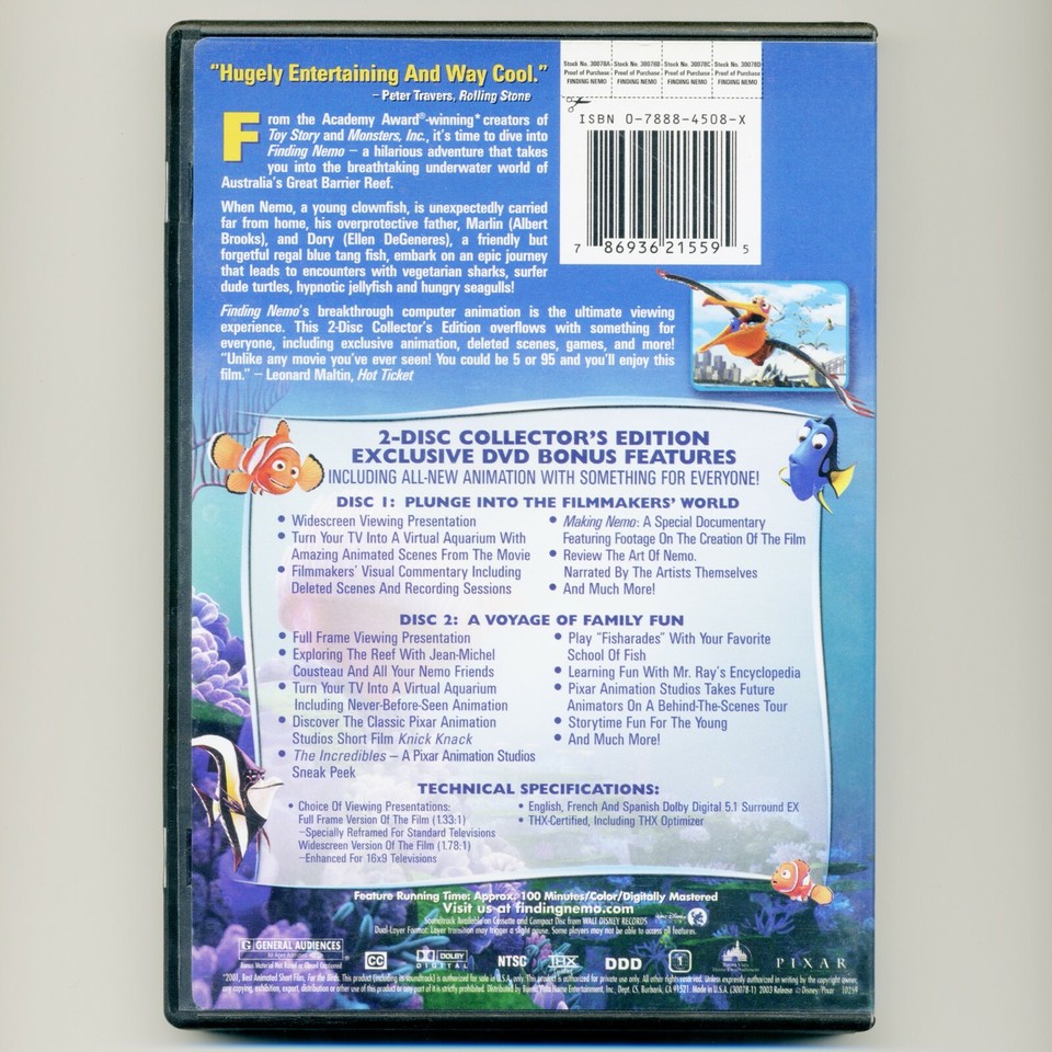 Finding Nemo Disney PIXAR 2003 G family movie, 2 mint DVDs Dory ...