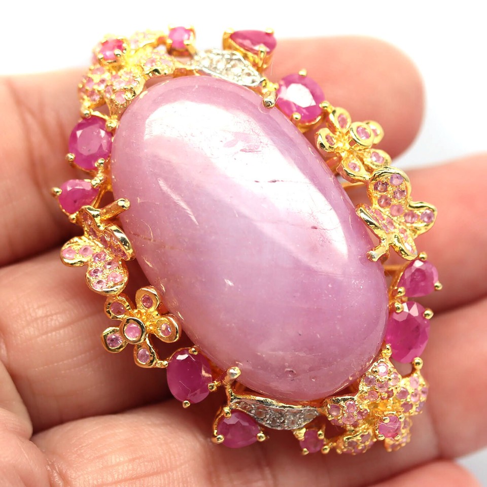 Gemstone 22x38 MM. Pink - Red Ruby, Sapphire, Zircon Brooch 925 ...