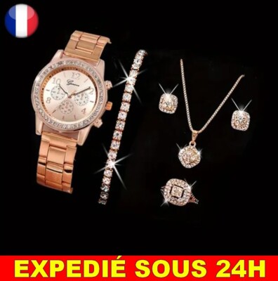 Montre Bracelet Collier Bague GENEVA Rose Strass Diamant Quartz Femme ...