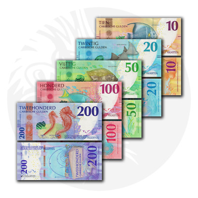 NEW 2025 Caribbean Guilders UNC FULL SET - 10 20 50 100 200 Curacao ...