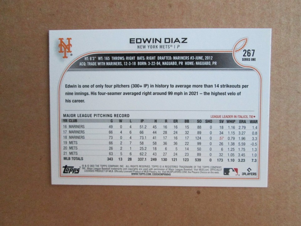 2022 Topps Edwin Diaz #267 New York Mets | eBay