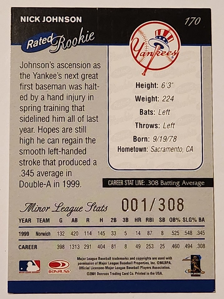 2001 Donruss Career Stat Line /308 Rated Rookie Nick Johnson # 170 | eBay