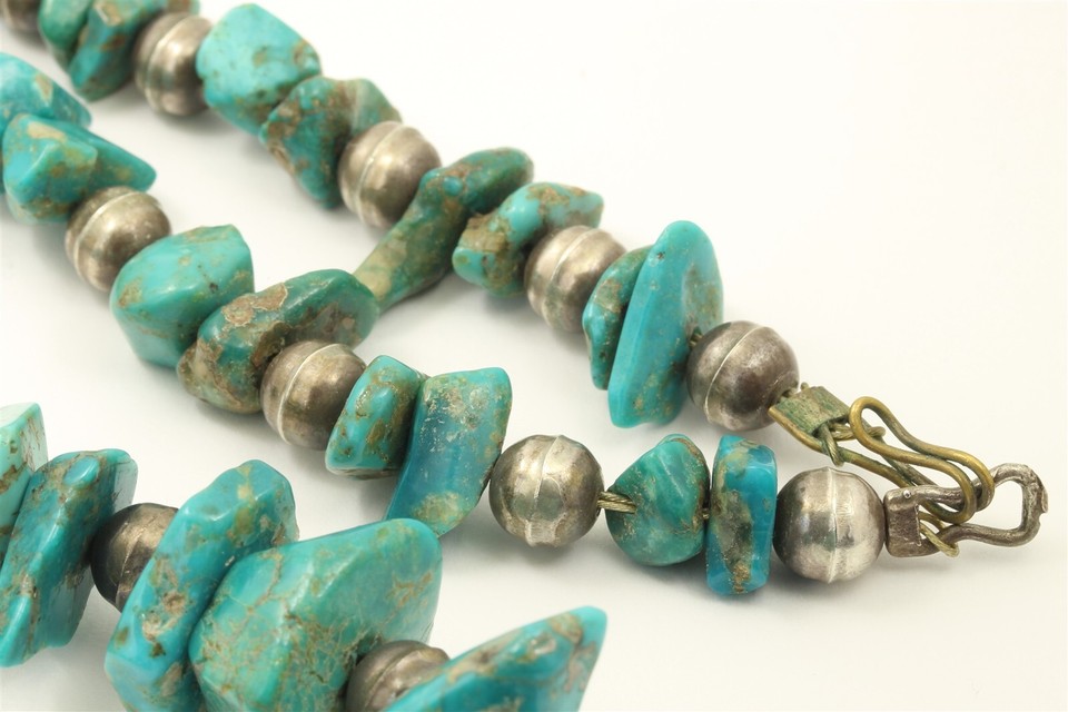 Vintage Navajo Sterling Silver Old Pawn Graduated Turquoise Slab Bead ...