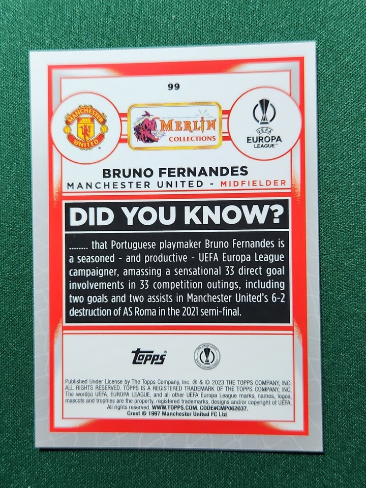 2022-23 Topps Merlin Chrome UEFA #99 Bruno Fernandes Manchester United ...